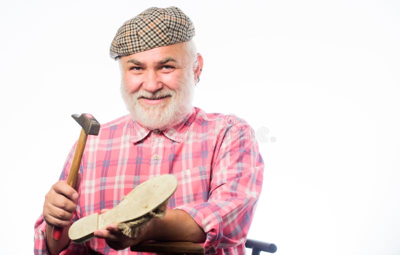 Cobbler Workmanship. Shoemaker Working with Leather Textile and Hammer ...