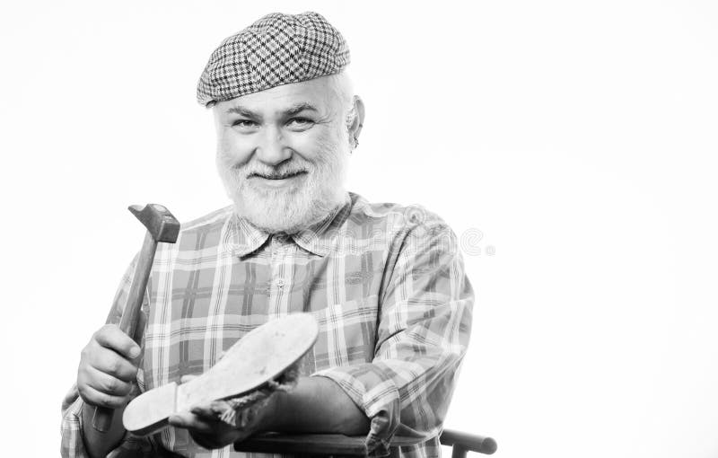 Cobbler Workmanship. Shoemaker Working with Leather Textile and Hammer ...