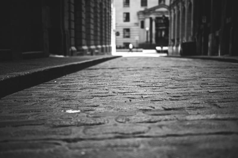 Cobblestone Alleyway in Black and White Stock Photo - Image of lining ...