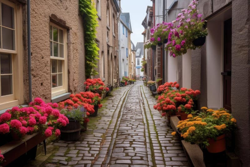 Cobblestone Alleyway with Blooming Flowers in Window Boxes Stock Photo ...