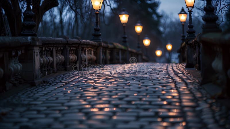 A Cobblestone Bridge is Illuminated by the Soft Light of Gas Lamps ...