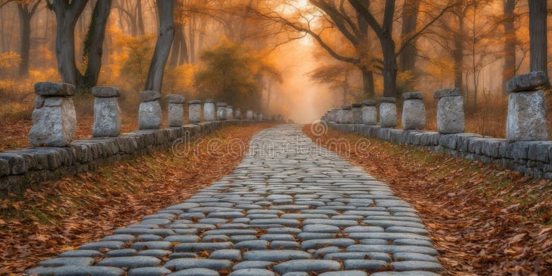 Cobblestone Path through Autumn Forest with Stone Pillars. Stock Image - Image of themed ...