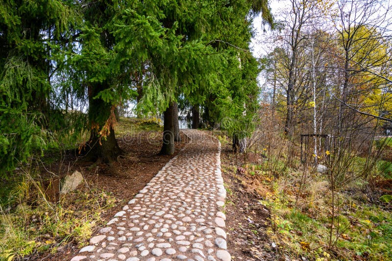 Cobblestone Path. Beautiful Forest and Fresh Air. Pavement of Pavers ...