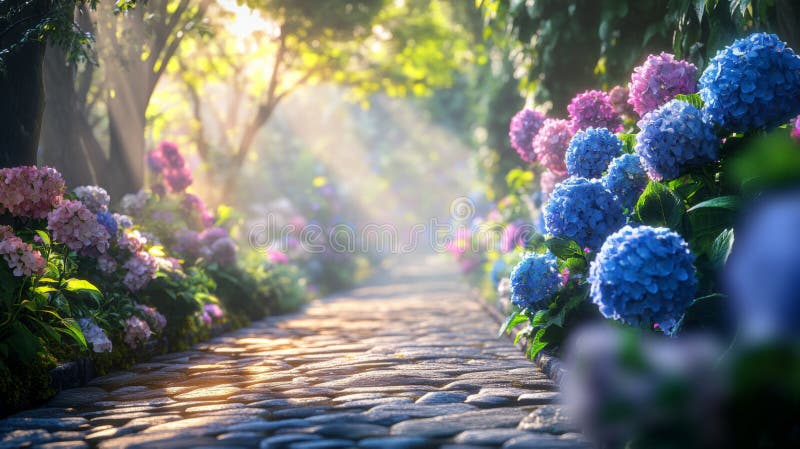 A Cobblestone Path through a Flower-Filled Garden with Hydrangeas Stock ...