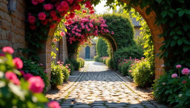 Cobblestone Path, Flowering Arches Framing Sunlight, Outdoor, Arch ...