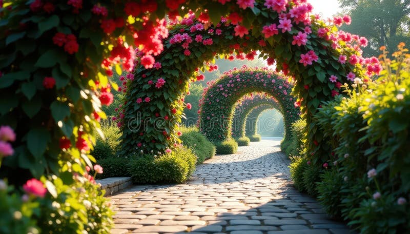 Cobblestone Path, Flowering Arches Framing Sunlight, Pergola, Blossom ...