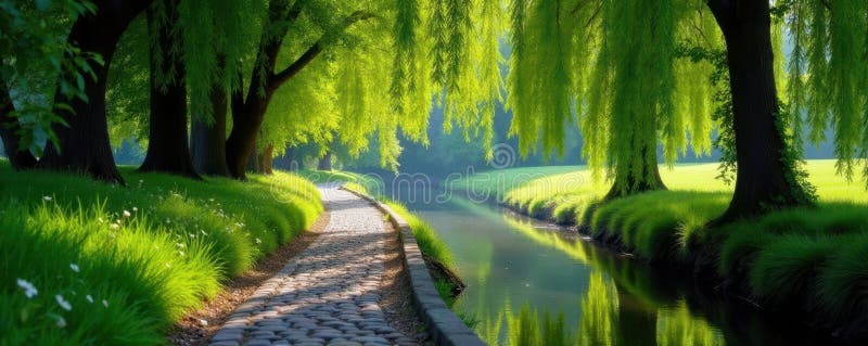 Cobblestone Path Follows Gentle River Flow, Willows Weep , River, Rural ...