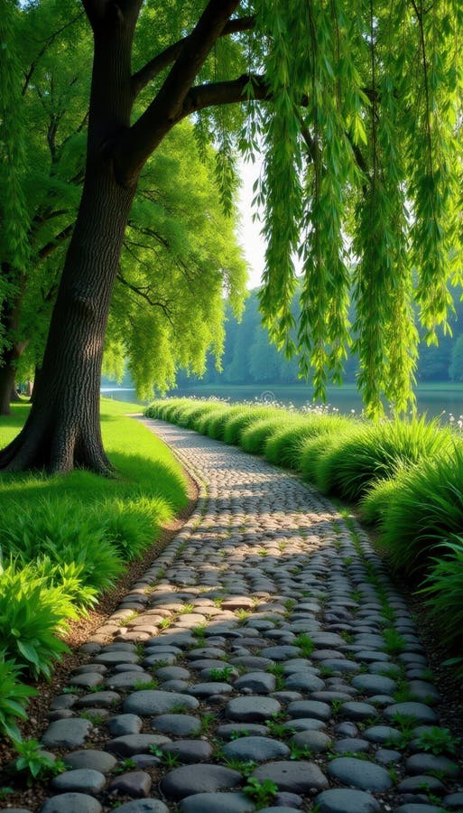 Cobblestone Path Hugs Riverbank, Willow Trees Weep Overhead, Day ...