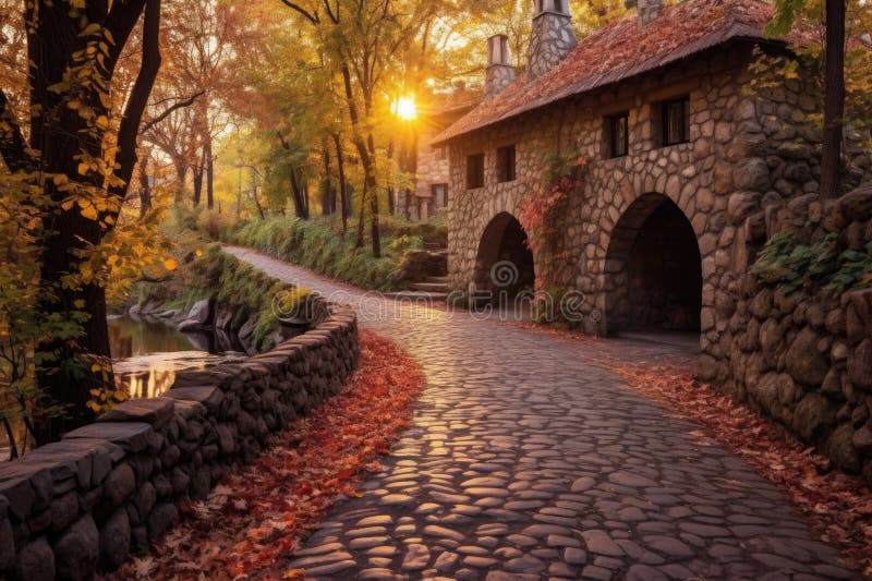 Cobblestone Path Leading To Arched Stone Bridge Stock Illustration ...