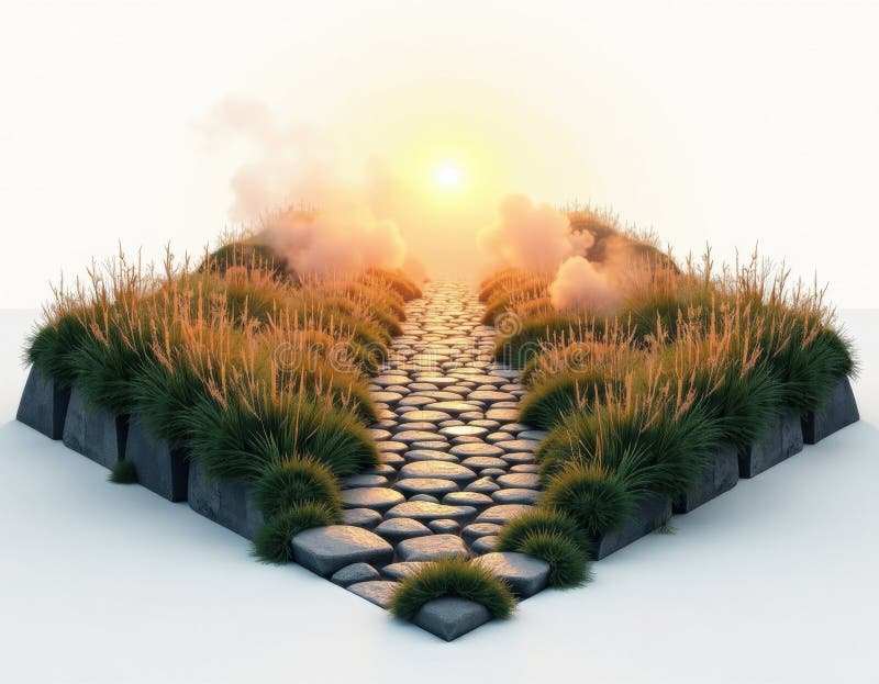 Cobblestone Path Leading To Sunset through Grassy Landscape - 3D Render ...
