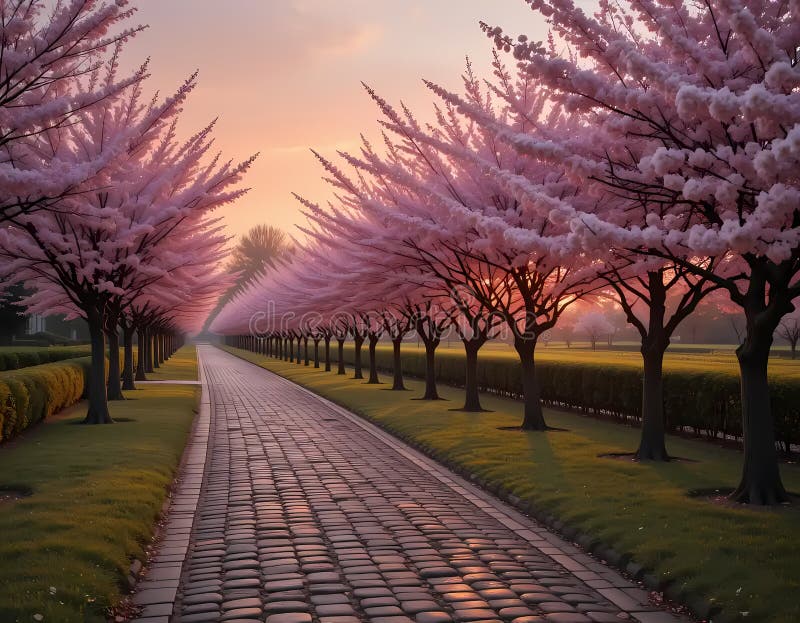 A Cobblestone Path Lined with Pink Sakura Trees, Glowing Under a Sunset ...
