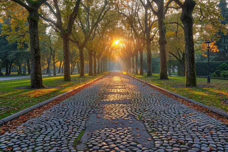 Sunlit Cobblestone Path through Autumn Trees Stock Illustration ...