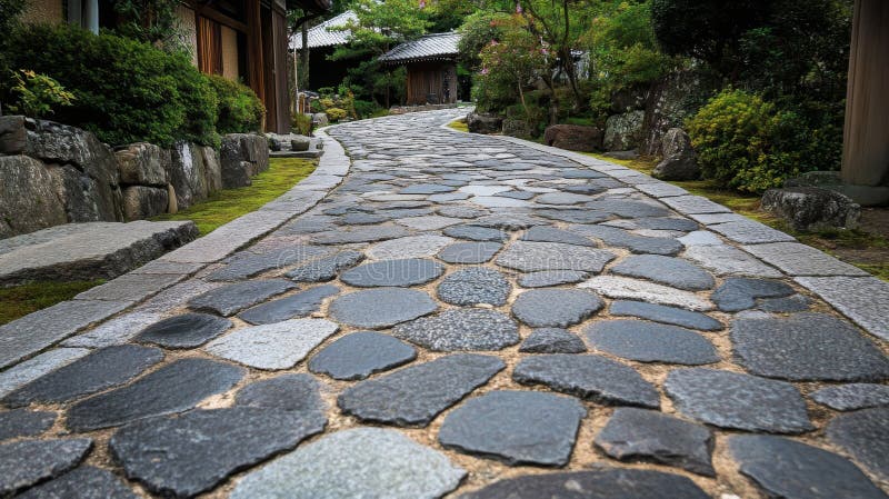 Cobblestone Path through Lush Japanese Garden Stock Illustration ...