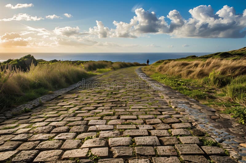 Cobblestone Path with Person Walking To Distant Ocean Stock Image ...