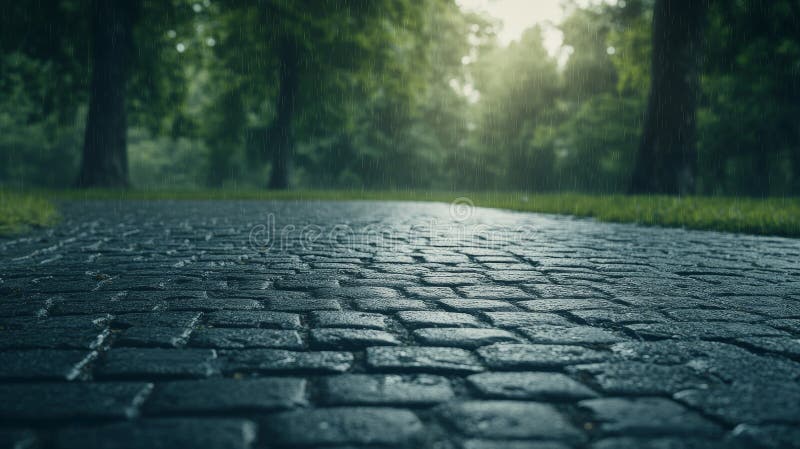 Cobblestone Path in the Rain, with a Park in the Background, Creating a ...