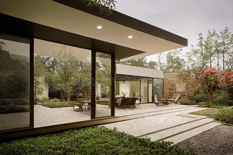 A Cobblestone Path To a White-brown House with Mirrored Windows. Stock ...