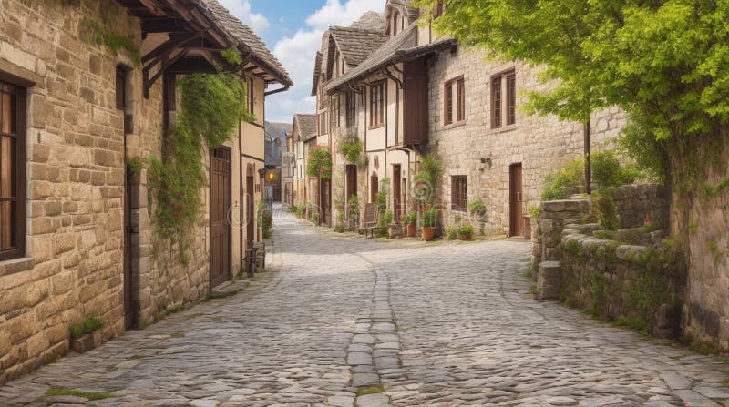 A Cobblestone Path Winding through a Historic Village Stock ...