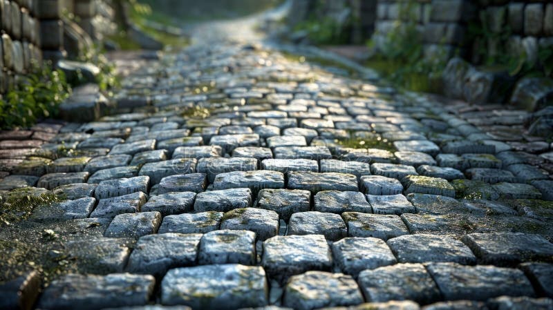 Cobblestone Pathway Leading through a Verdant Landscape in Early ...