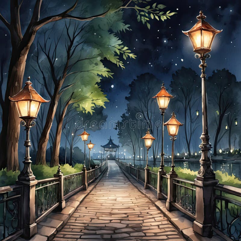 Beautiful Lantern-lit Path in a Serene Park at Night, Surrounded by ...