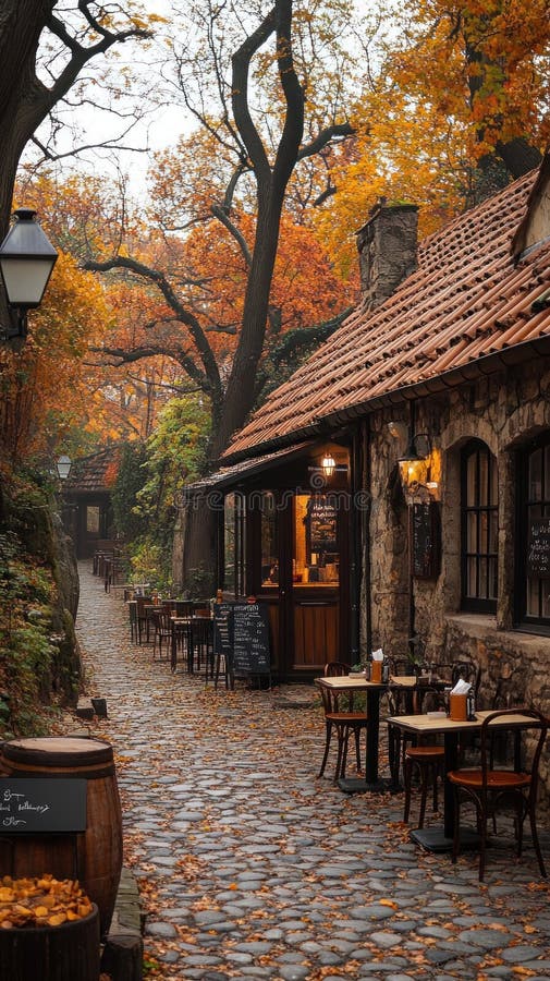 Cobblestone Pathway through Autumn Forest with Stone Building and ...