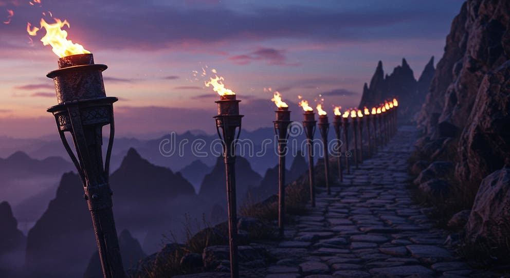 Cobblestone Pathway Bordered by Burning Torches, Extending Toward ...