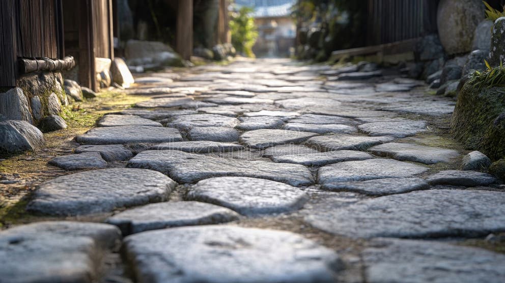 Cobblestone Pathway through a Japanese Village Stock Illustration ...