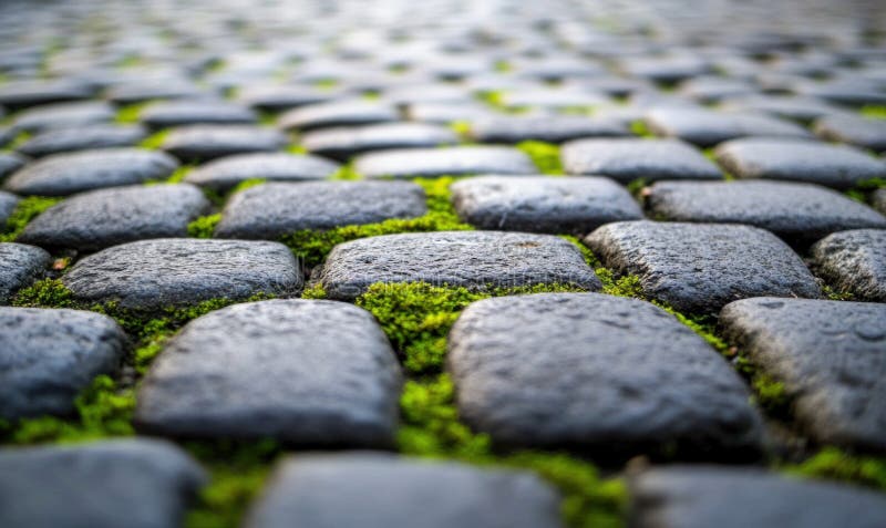 Cobblestone Pathway with Vibrant Green Moss Growing between the Stones ...