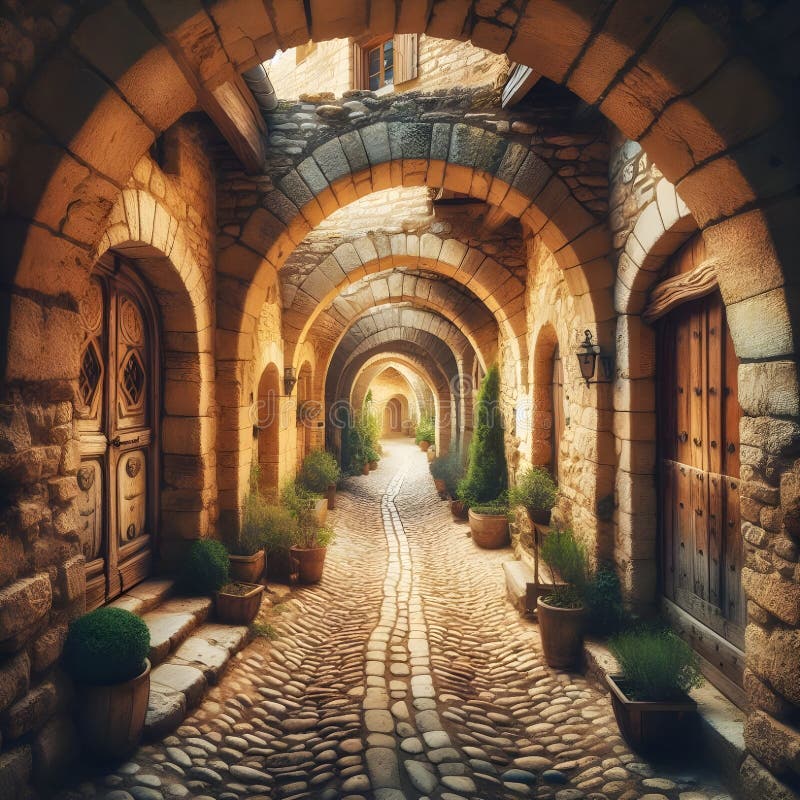 A Cobblestone Pathway Winding through a Series of Medieval Stone Arches ...