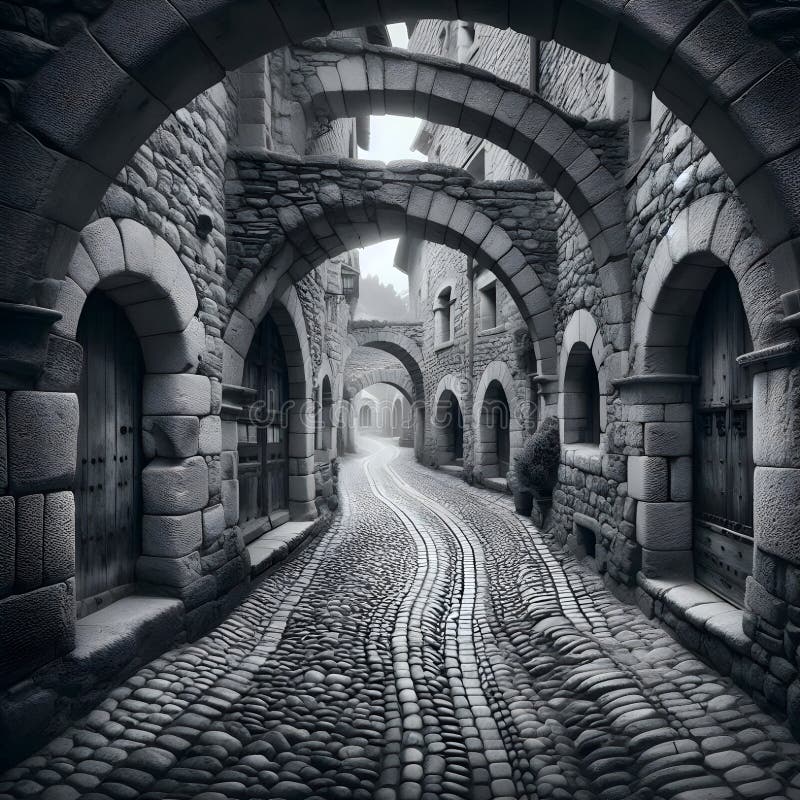 A Cobblestone Pathway Winding through a Series of Medieval Stone Arches ...