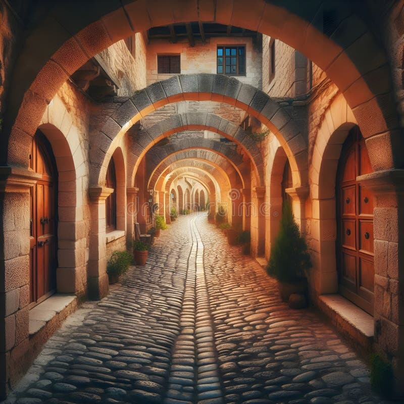A Cobblestone Pathway Winding through a Series of Medieval Stone Arches ...