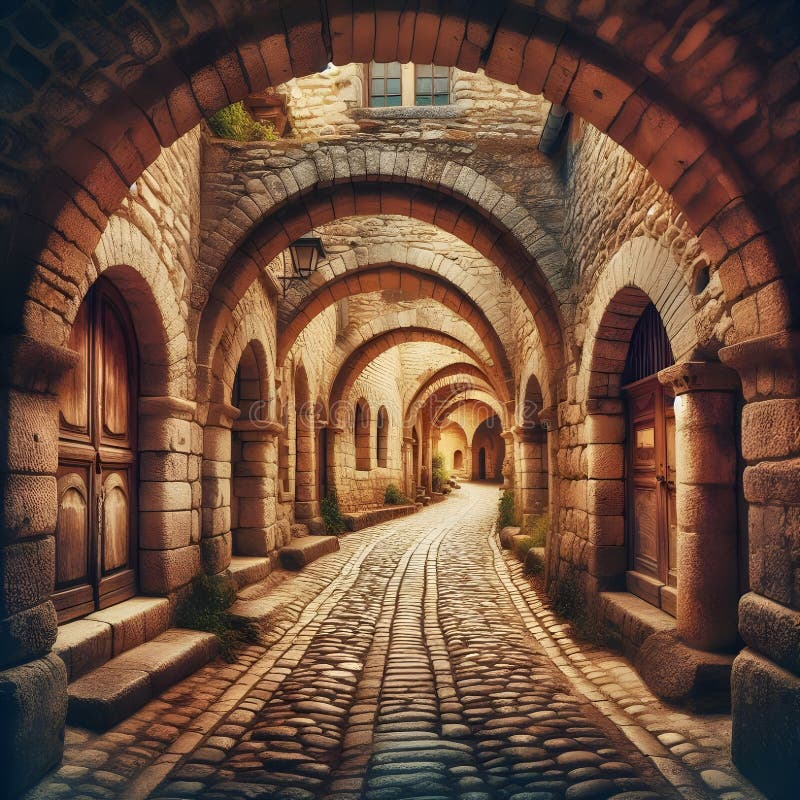 A Cobblestone Pathway Winding through a Series of Medieval Stone Arches ...