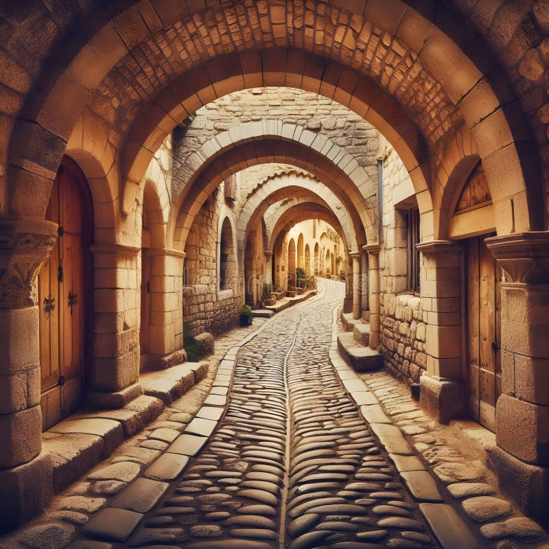 A Cobblestone Pathway Winding through a Series of Medieval Stone Arches ...