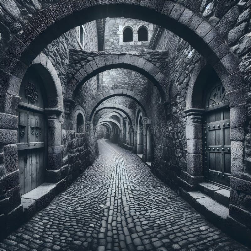 A Cobblestone Pathway Winding through a Series of Medieval Stone Arches ...