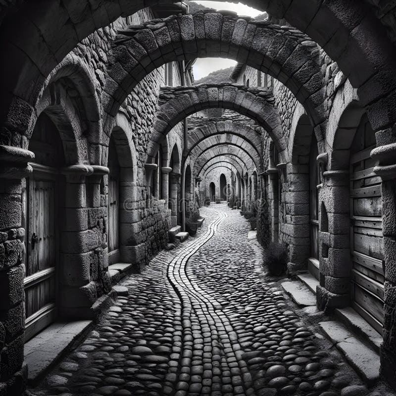 A Cobblestone Pathway Winding through a Series of Medieval Stone Arches ...