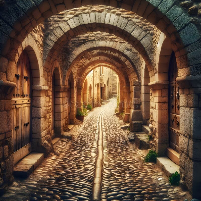 A Cobblestone Pathway Winding through a Series of Medieval Stone Arches ...