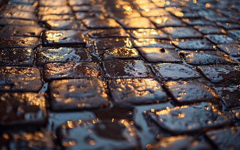 Cobblestone Pavement in the Rain at Sunset. Selective Focus Stock Image ...