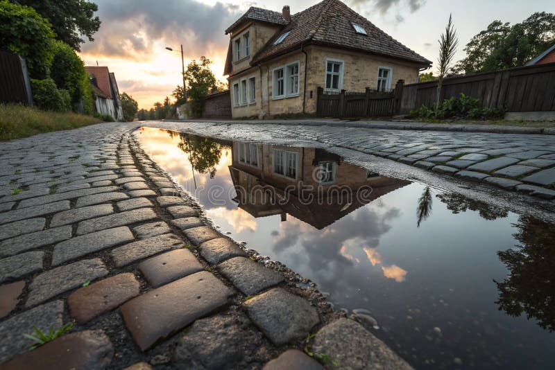 Cobblestone with Reflection of House in Puddle after Rain Stock ...