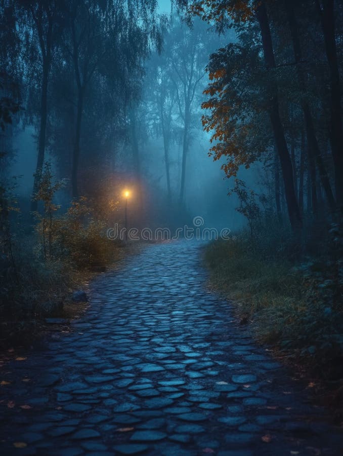 Cobblestone Road in Forest at Night Stock Image - Image of forest ...