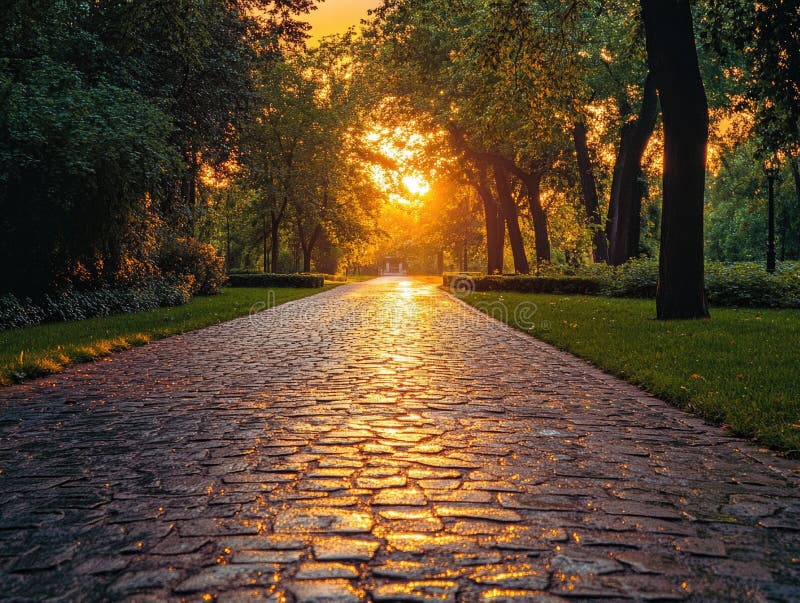 Cobblestone Road in Park at Sunset Stock Photo - Image of landscape ...