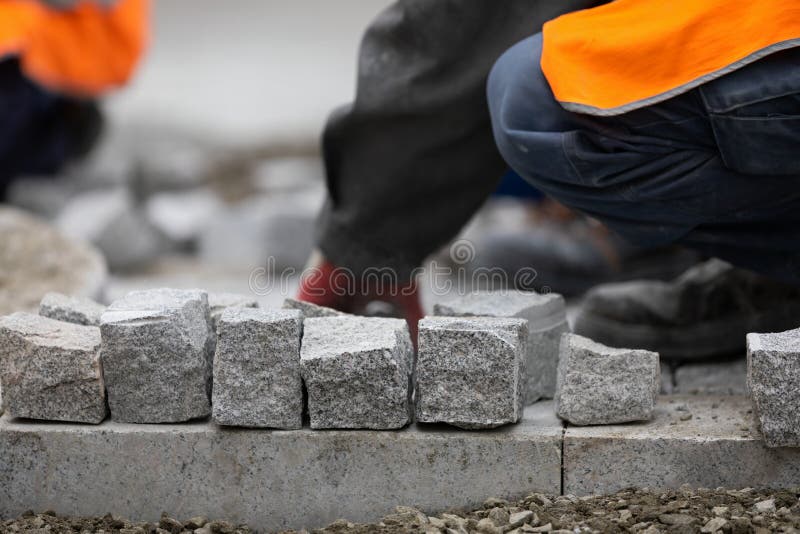 Cobblestone Sidewalk Construction Stock Photo - Image of building ...