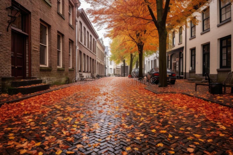 Cobblestone Street with Autumn Leaves Scattered Stock Photo - Image of ...