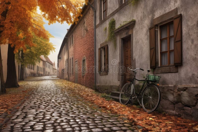 Cobblestone Street with Bicycle Parked by a Wall Stock Illustration ...