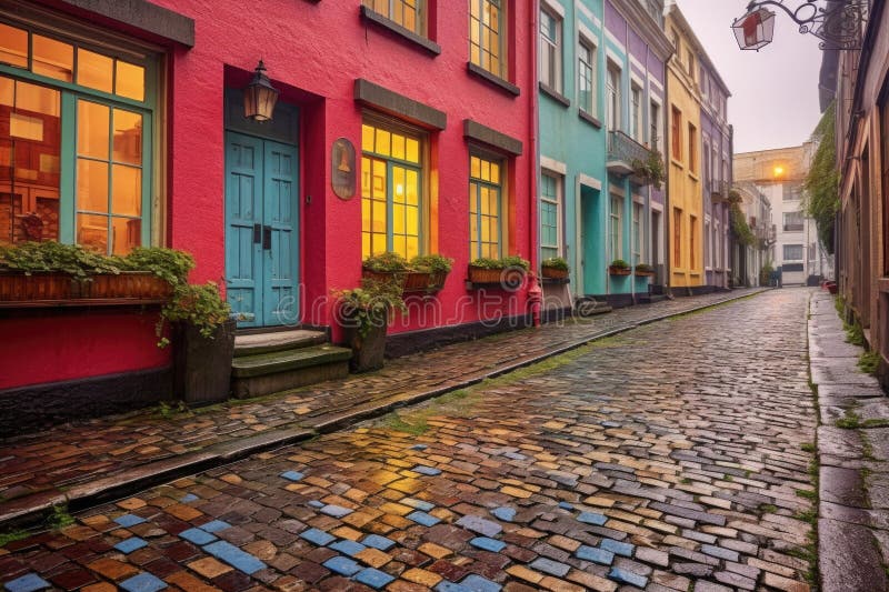 Cobblestone Street with Colorful Doors and Windows Stock Image - Image ...