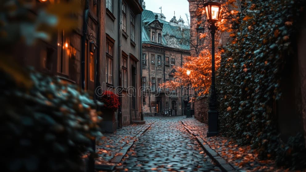 Cobblestone Street Featuring a Lamp Post beside a Classic Building ...