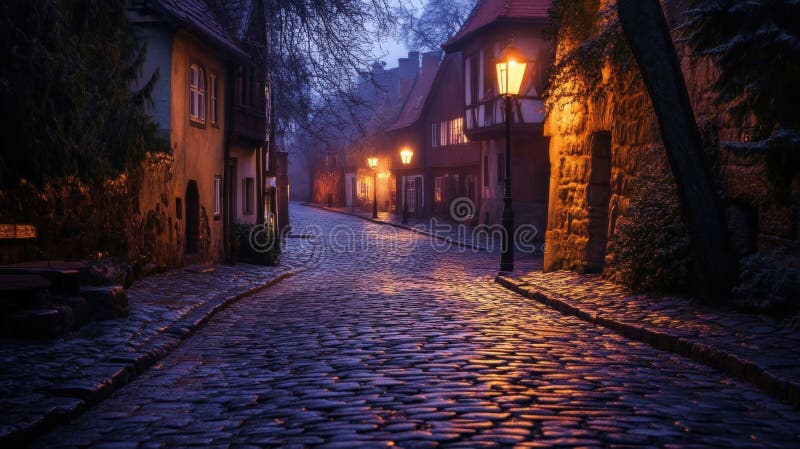 A Cobblestone Street with a Lamp Post at Night Stock Illustration ...