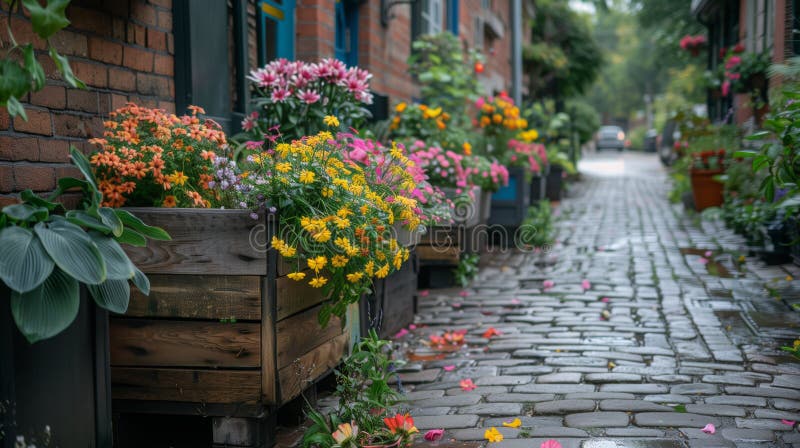 A Cobblestone Street Lined with Flower Boxes Stock Image - Image of ...
