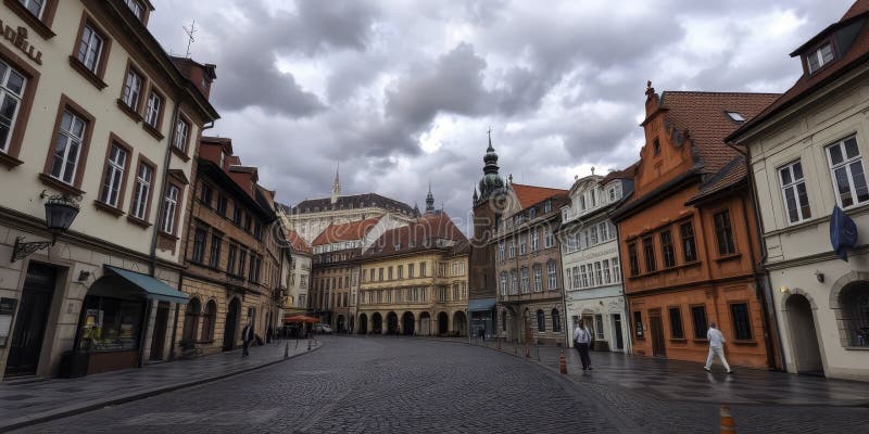 Cobblestone Street, Prague, Cloudy Sky, Old Buildings, Map, Medieval ...