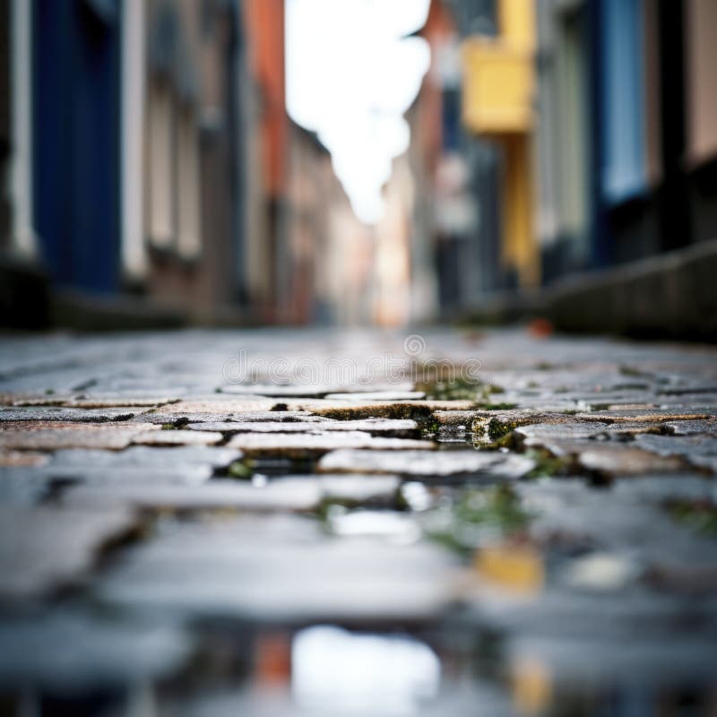 A Cobblestone Street with a Puddle of Water on it, AI Stock ...