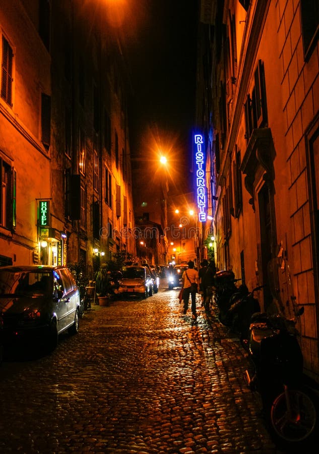 Cobblestone Street in Rome at Night Editorial Photography - Image of ...