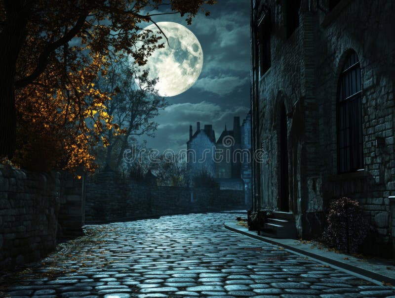 Cobblestone Street Under Full Moon in a Medieval Village Stock ...